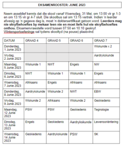 Eksamenrooster: Junie 2023 - Laerskool Jan Van Riebeeck